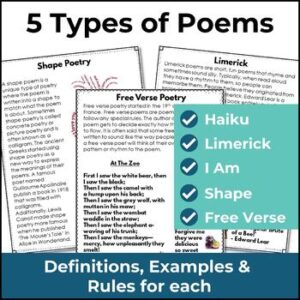 Poetry Unit - Writing 5 Types of Poems Haiku, Limerick, I am, Shape ...